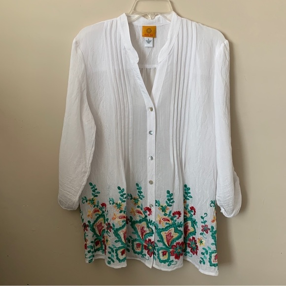 Ruby Rd. | Tops | Ruby Rd White Button Up 34 Sleeve Embroidered Floral ...